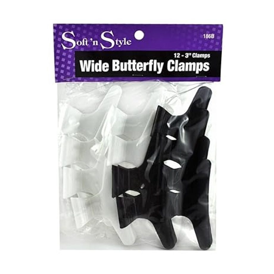 SOFT N STYLE BUTTERFLY CLAMPS BLACK & WHITE 3" - 12 PACK - Beauty Depot